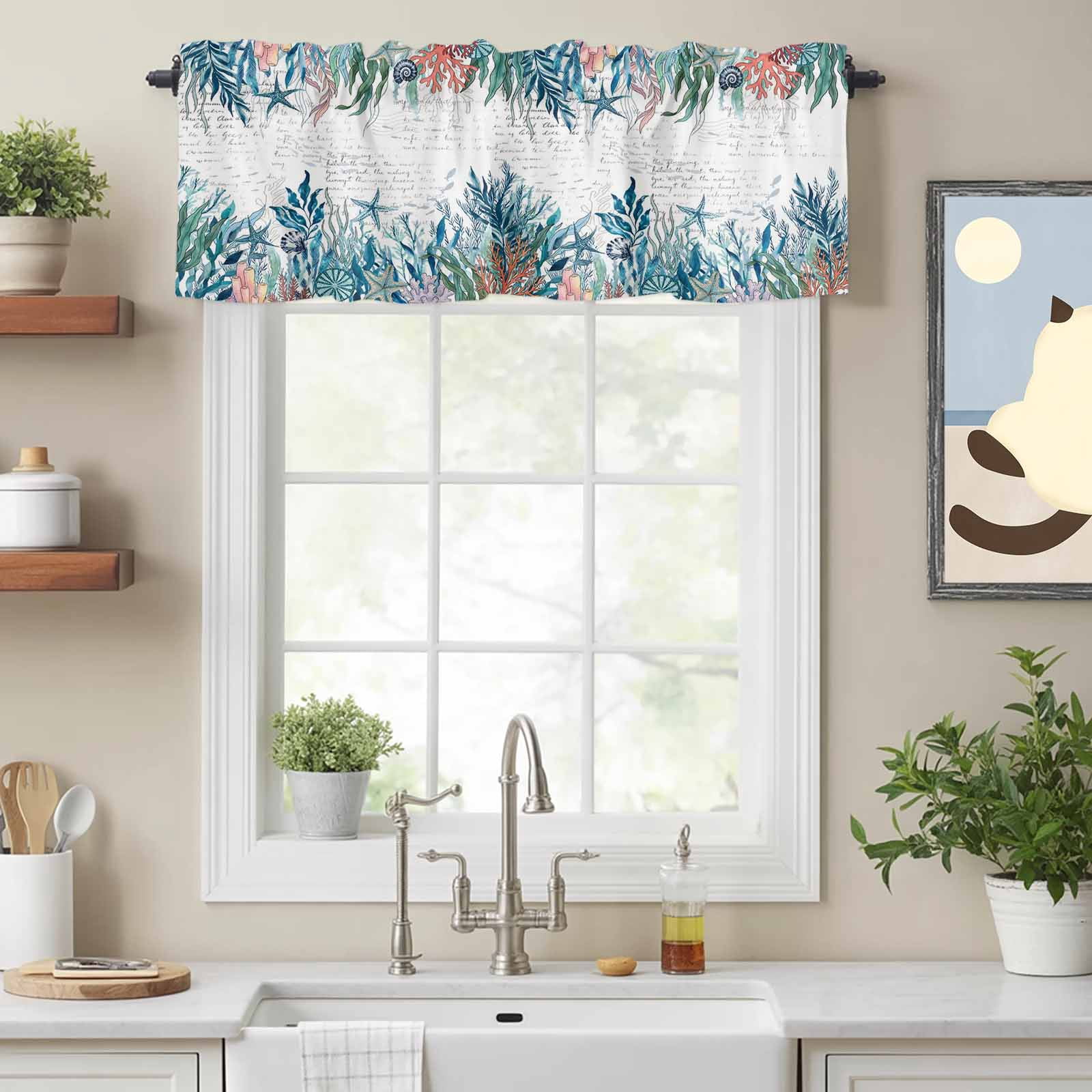 Curtain Valance for Windows, Ocean Coral Seaweed Ombre Kitchen Valances ...