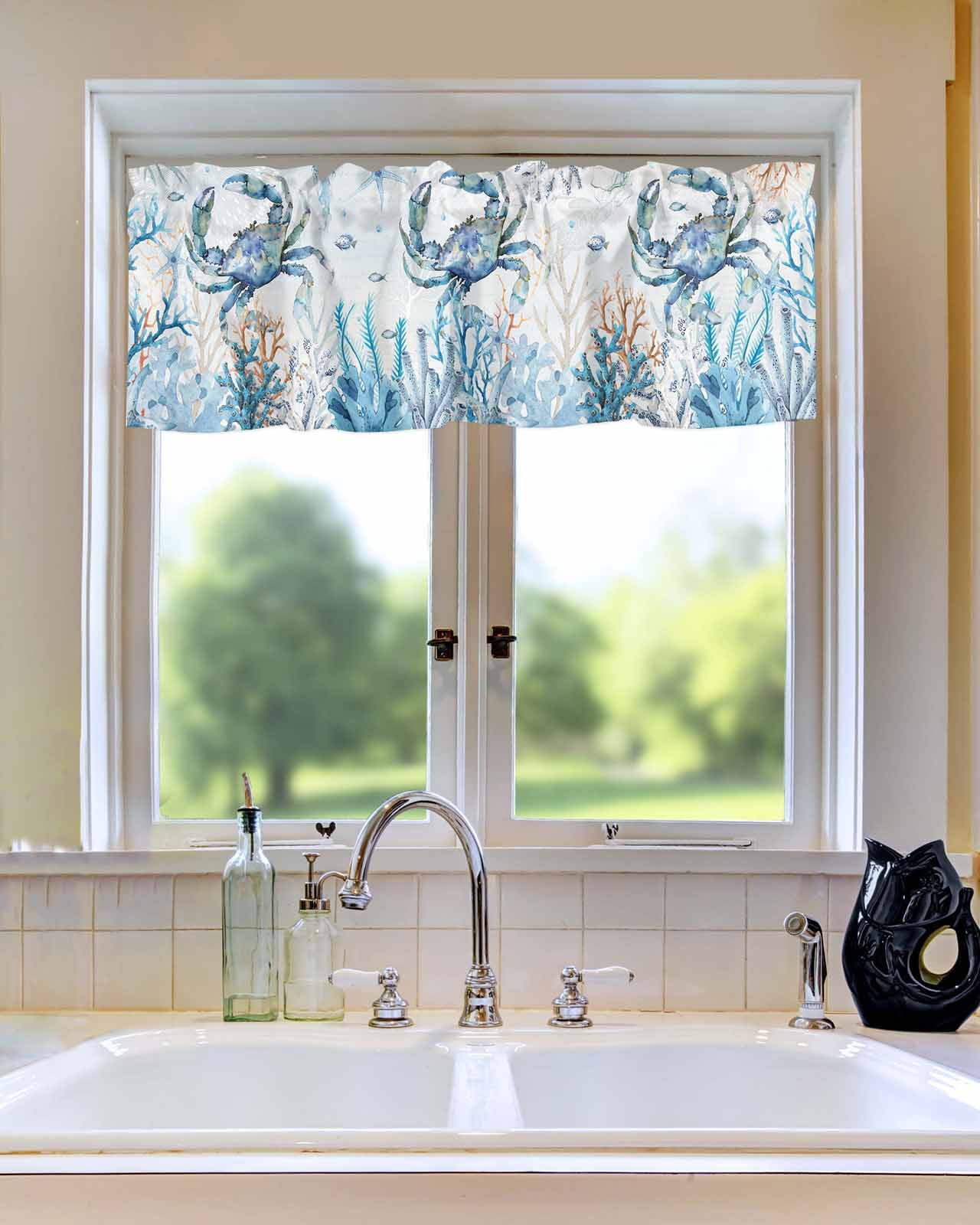 Curtain Valance for Windows Ocean Crab Coastal Coral Blue Gradient ...