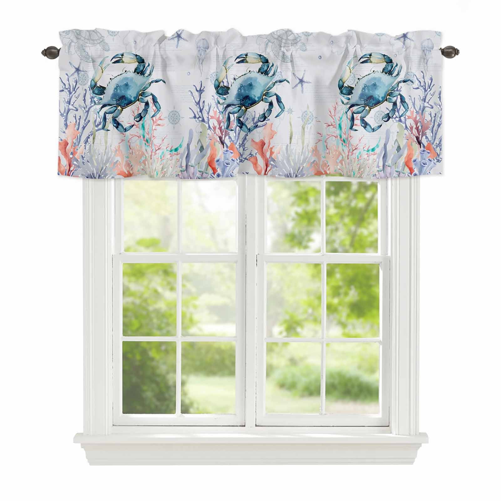 Curtain Valance for Windows, Ocean Crab Coral Seaweed Starfish Kitchen ...