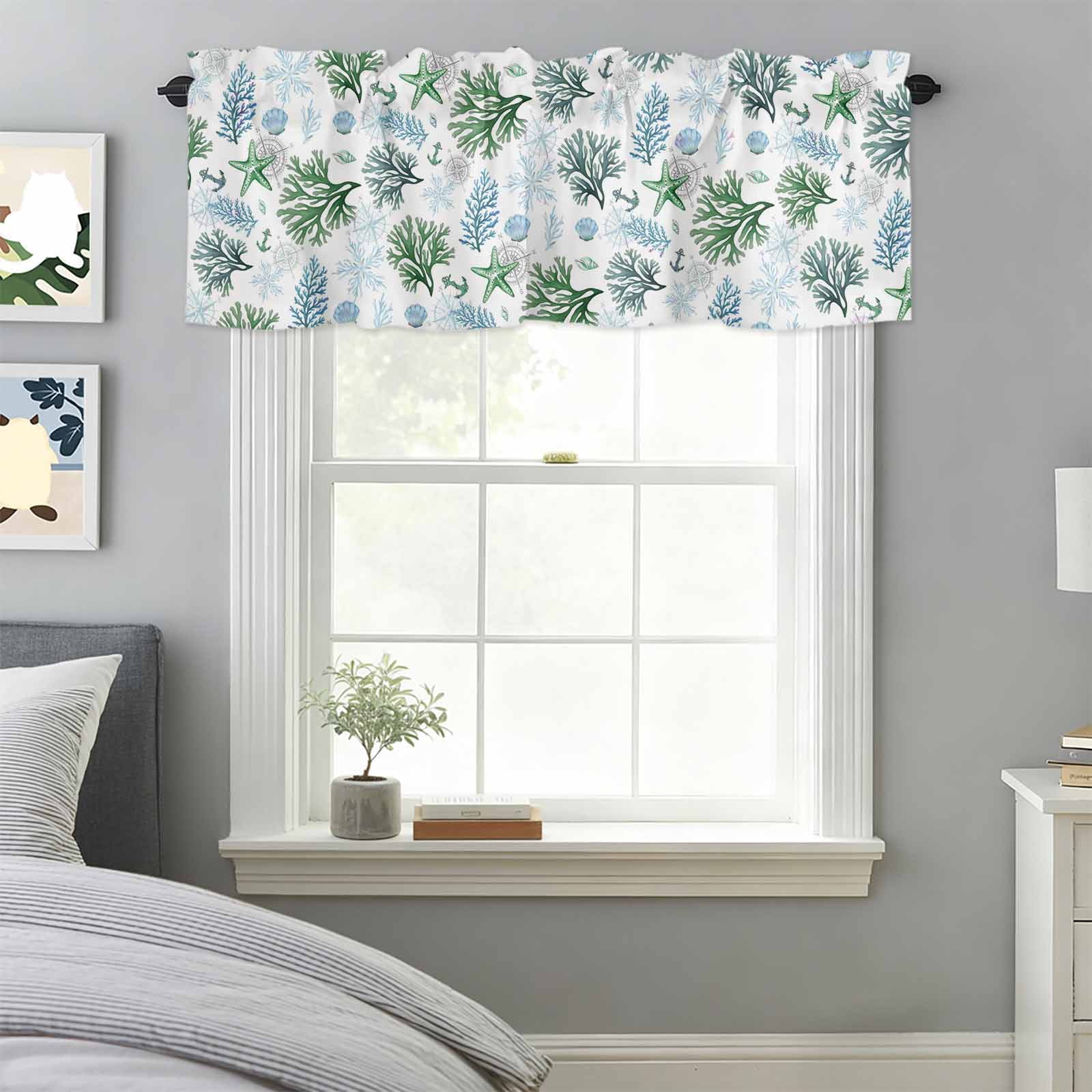 Curtain Valance for Windows, Ocean Green Blue Coral Starfish Kitchen ...