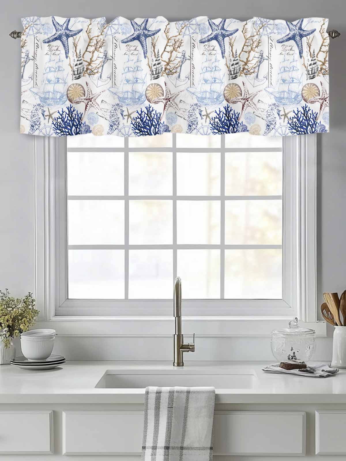 Curtain Valance for Windows,Ocean Starfish Blue Coral Kitchen Valances ...
