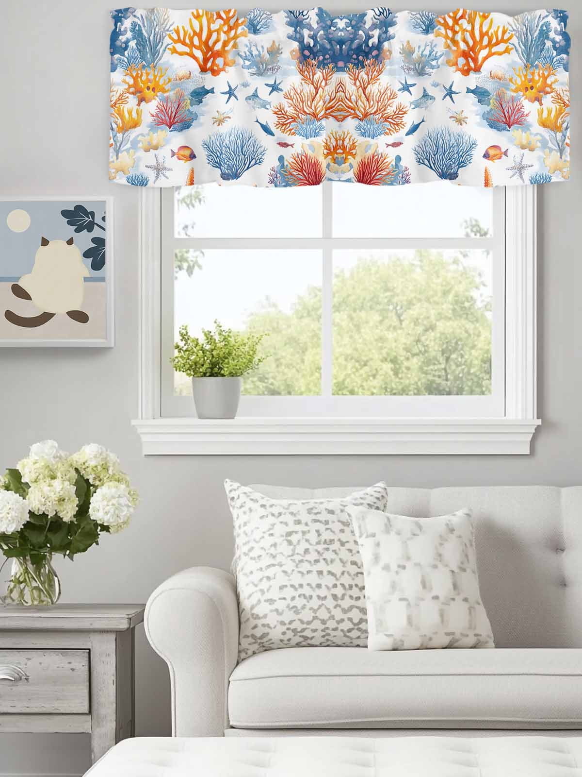 Curtain Valance for Windows,Ocean Starfish Blue Coral Kitchen Valances ...