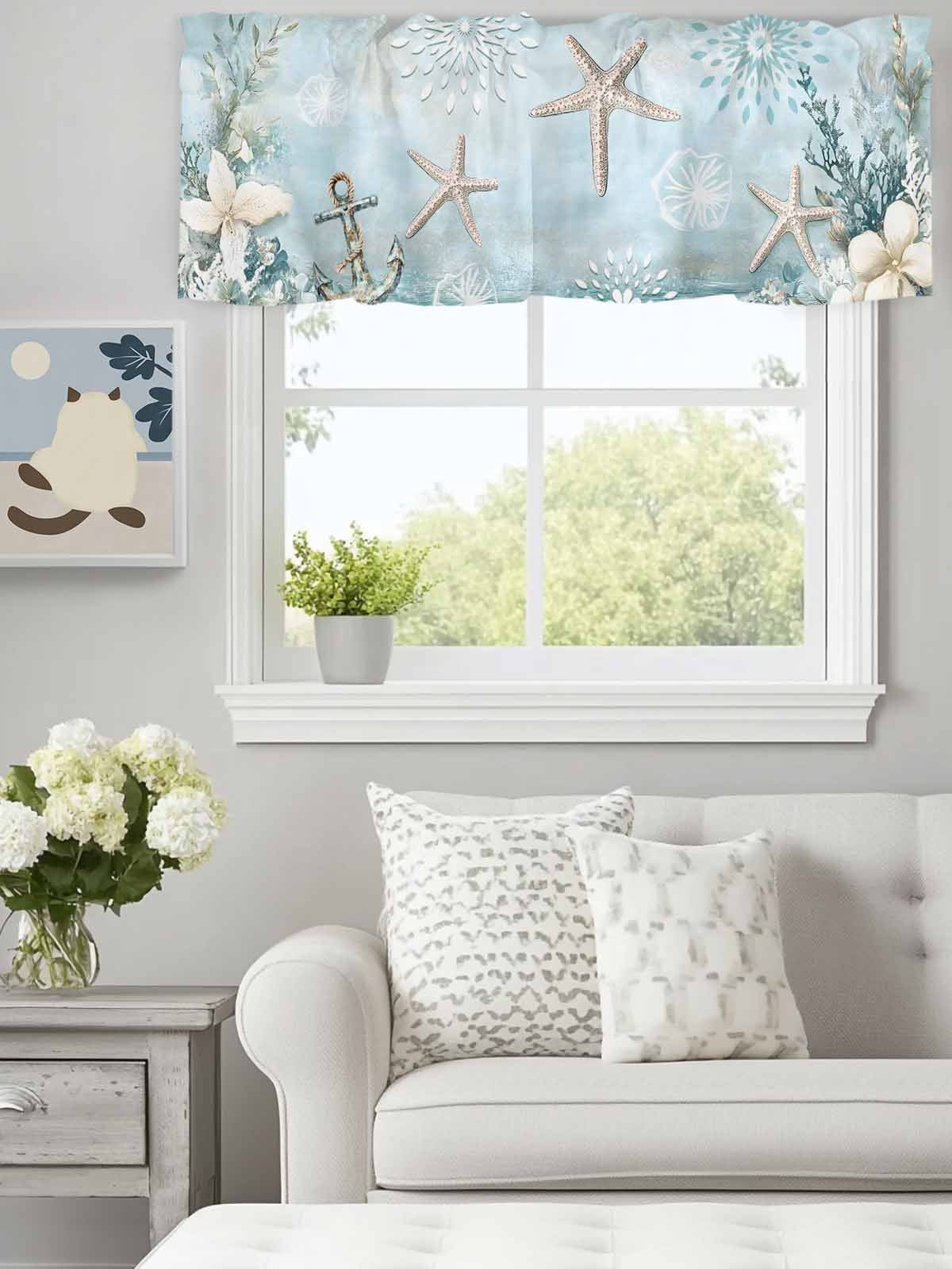 Curtain Valance for Windows,Ocean Starfish Nautical Anchor Kitchen ...