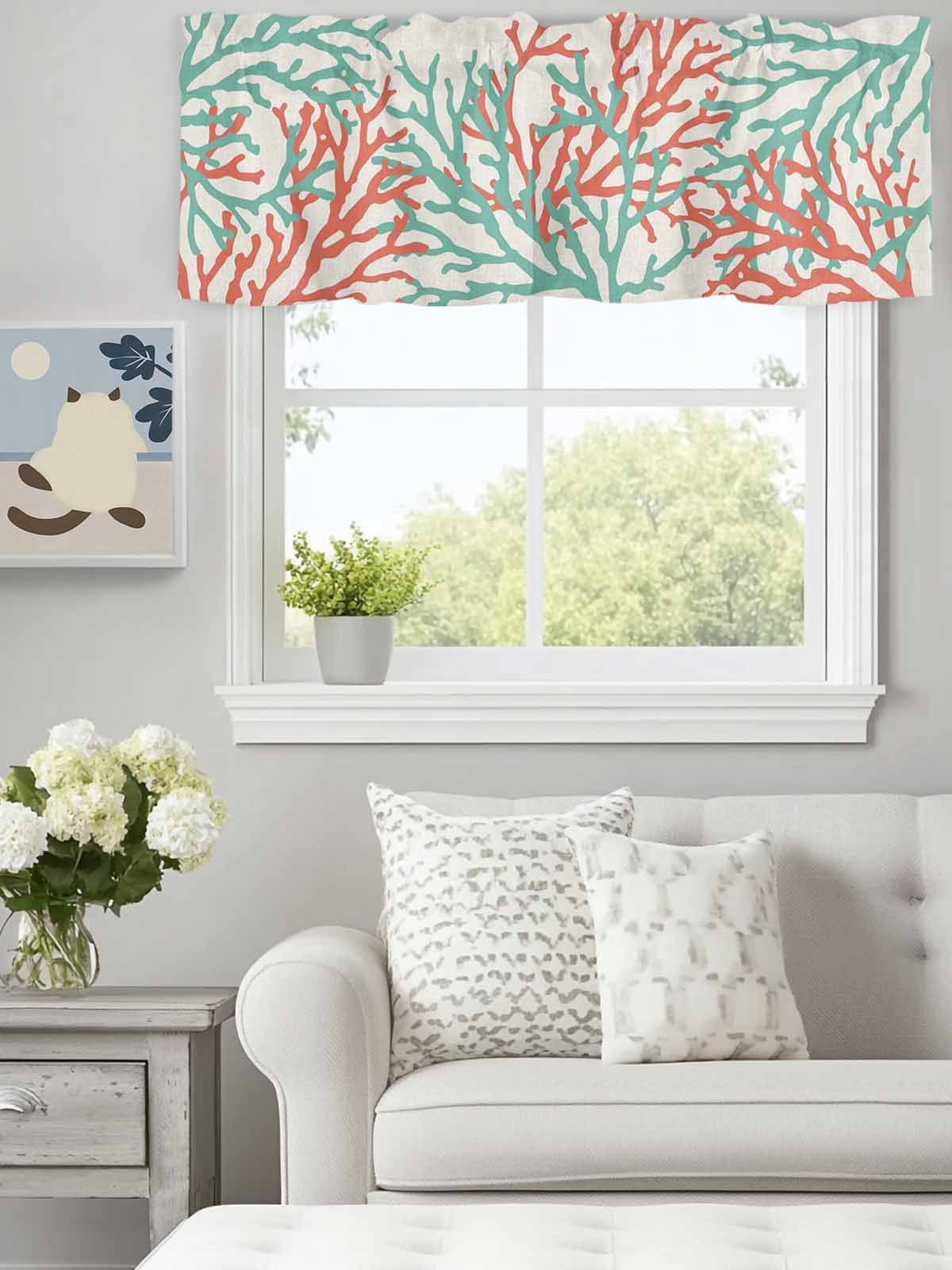 Curtain Valance for Windows, Ocean Teal Orange Coral on Linen Kitchen ...