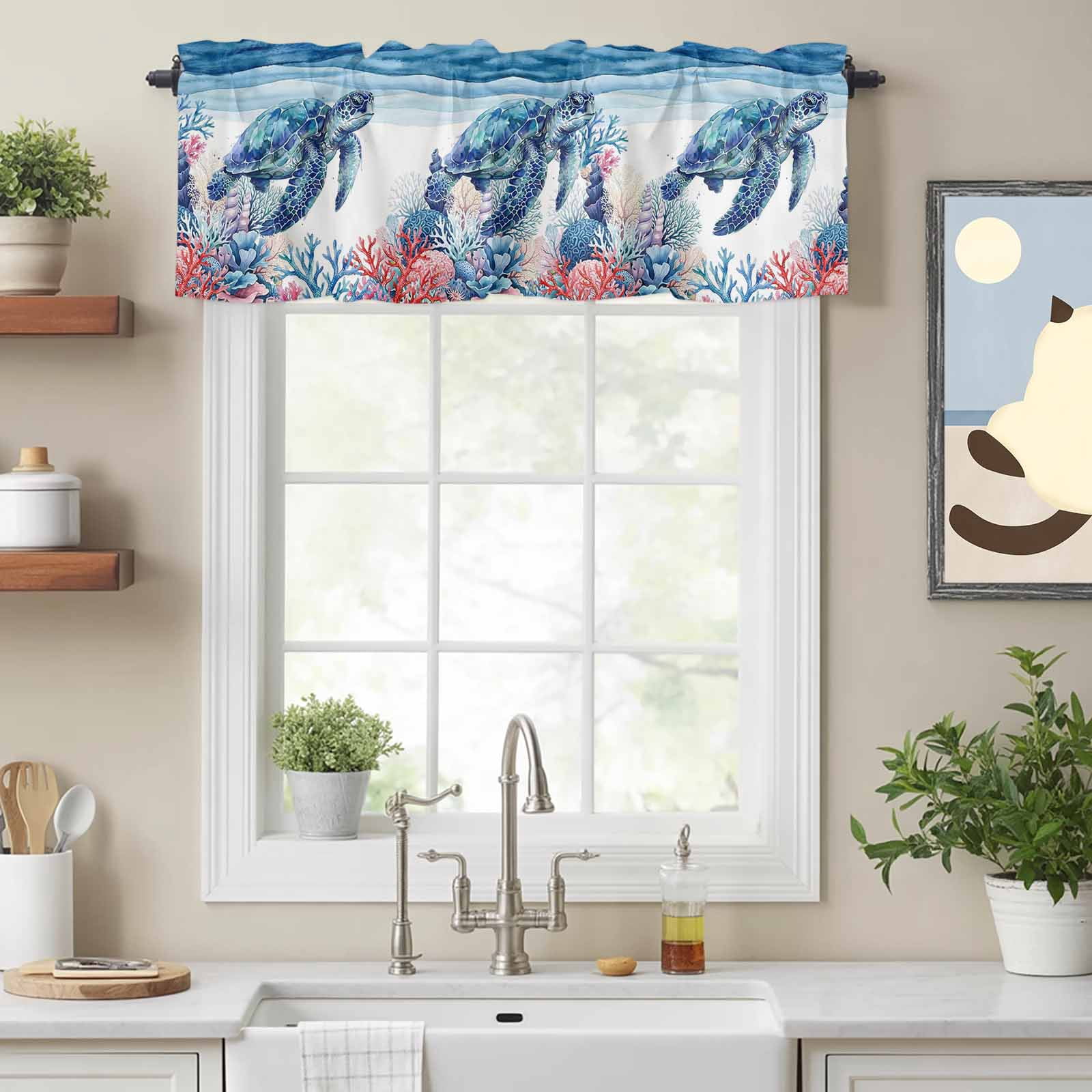 Curtain Valance for Windows, Ocean Watercolor Turtle Coral Kitchen ...