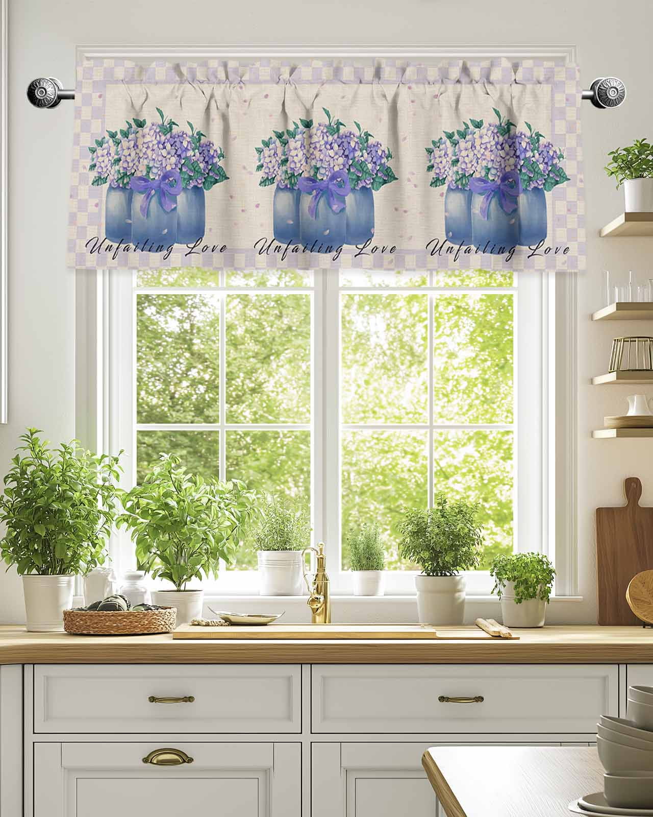 Curtain Valance for Windows,Pastoral Purple Flower Hydrangea Plant ...