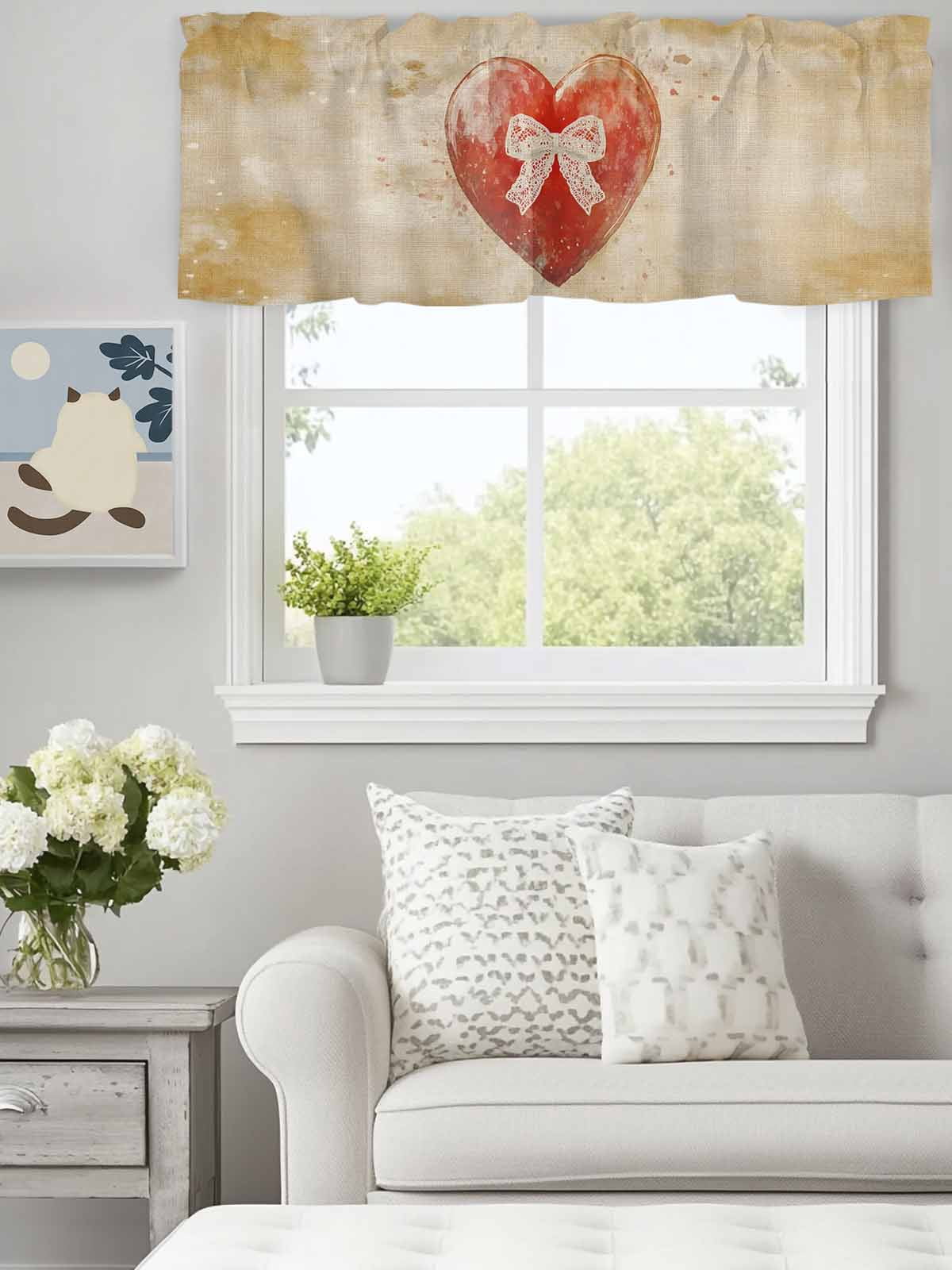 Curtain Valance for Windows, Pastoral Red Love Heart Bow on Retro ...