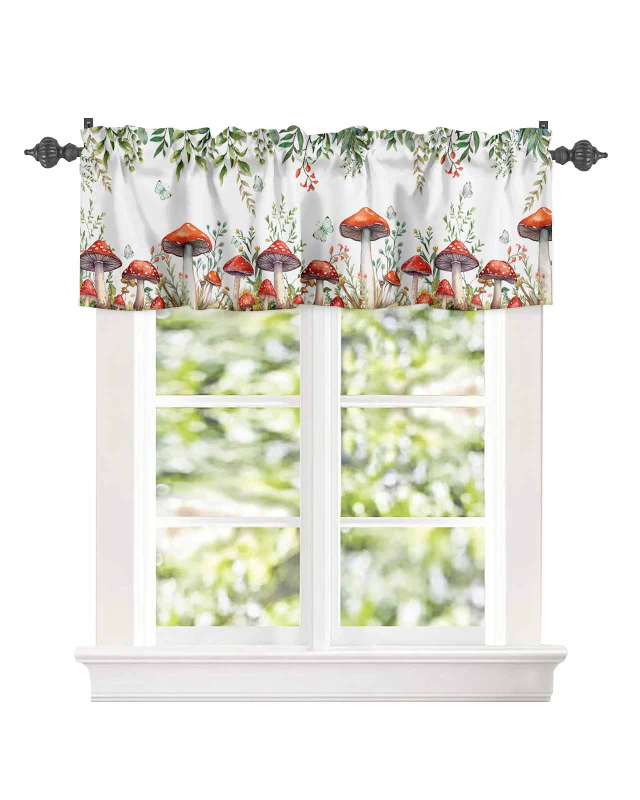 Curtain Valance for Windows Pastoral Red Mushroom Herb White Kitchen ...