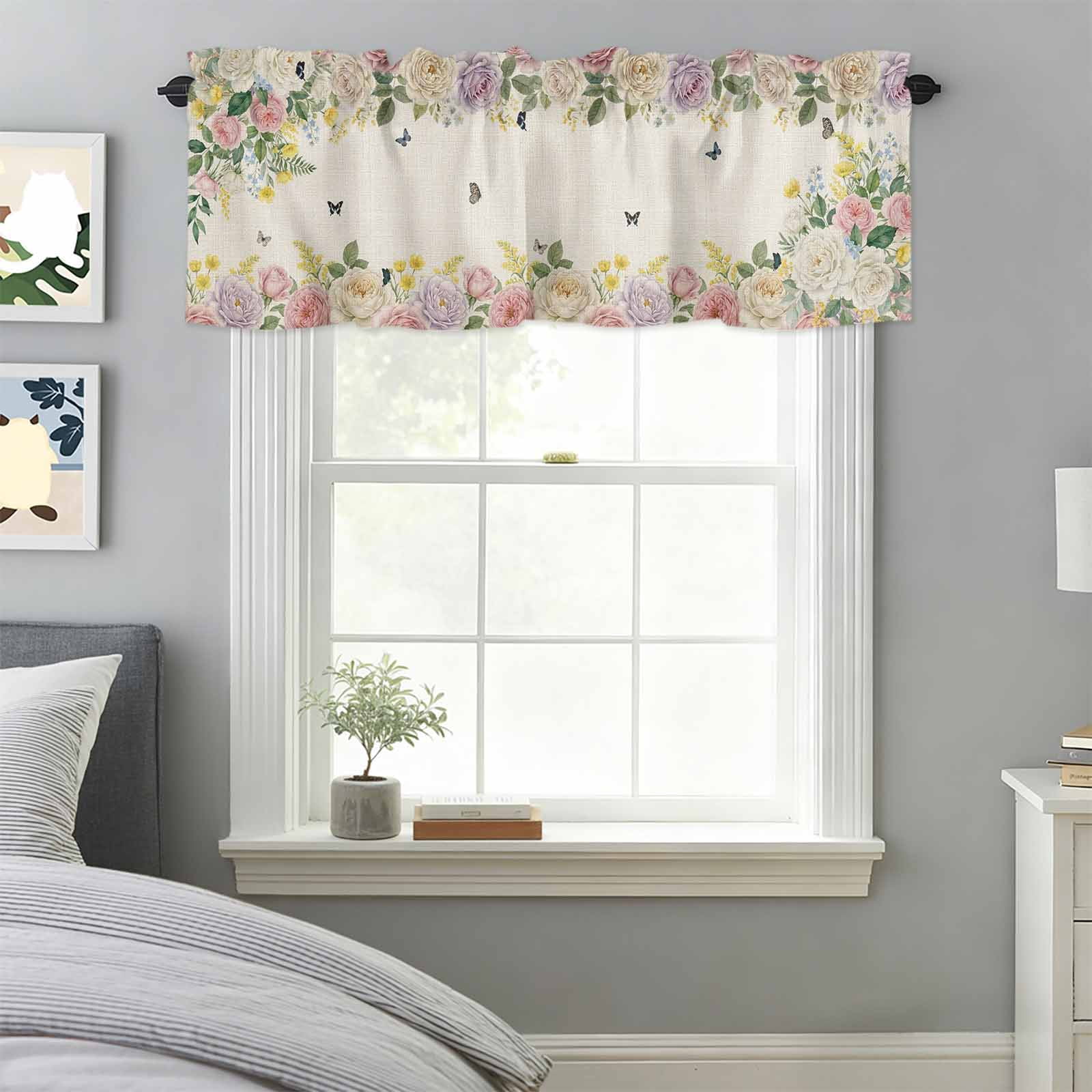 Curtain Valance for Windows, Pastoral Rose Watercolor Floral Kitchen ...