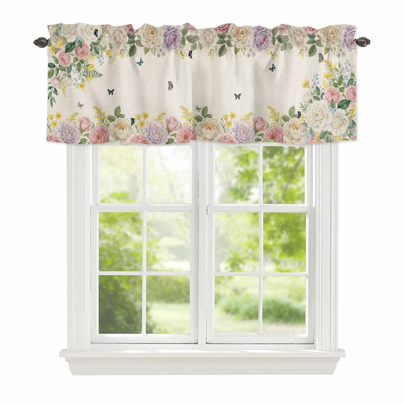 Curtain Valance for Windows, Pastoral Rose Watercolor Floral Kitchen ...