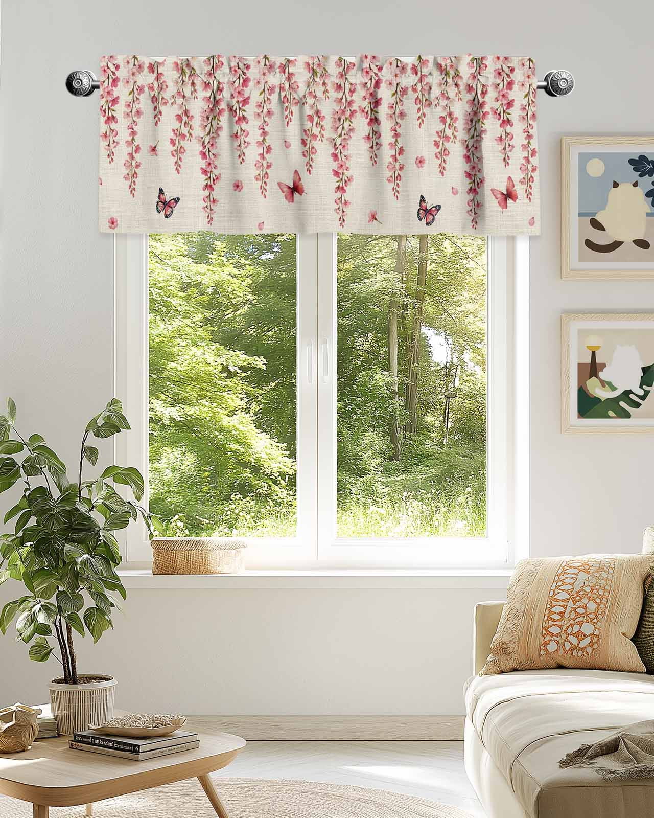 Curtain Valance for Windows,Pink Cherry Blossoms on Vintage Kitchen ...