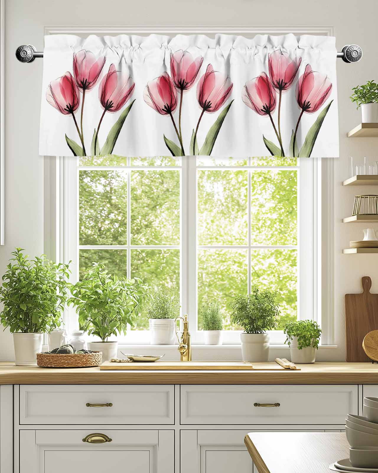 Curtain Valance for Windows,Pink Gradient Flower X-ray Tulips Kitchen Valances Rod Pocket Short ...