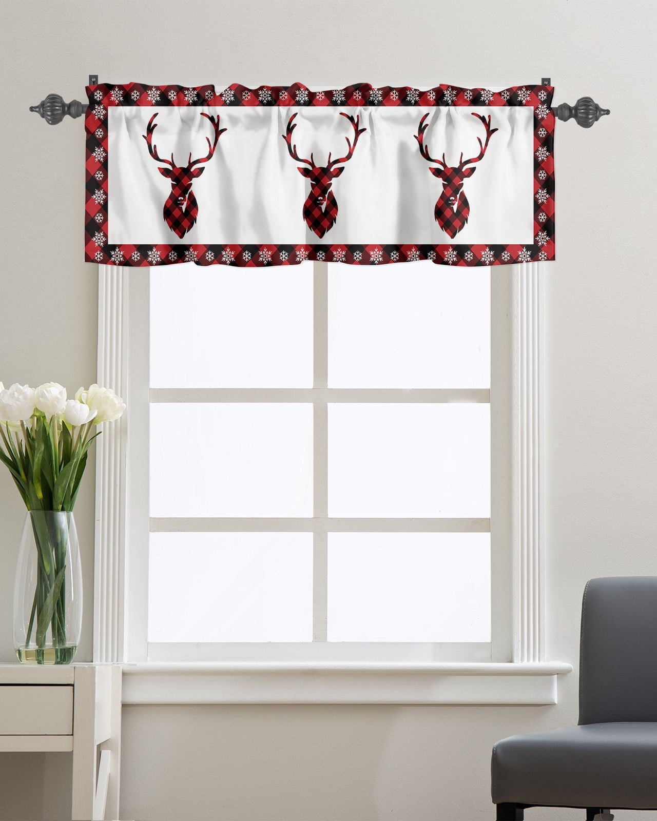 Curtain Valance for Windows Red Black Plaid Elk on White Kitchen ...