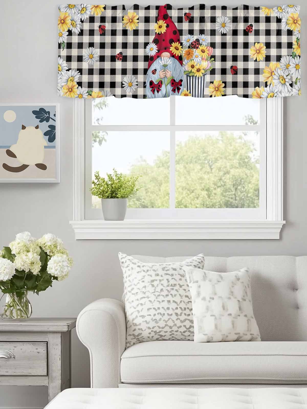 Curtain Valance for Windows,Red Ladybug Gnome Spring Yellow Daisy ...
