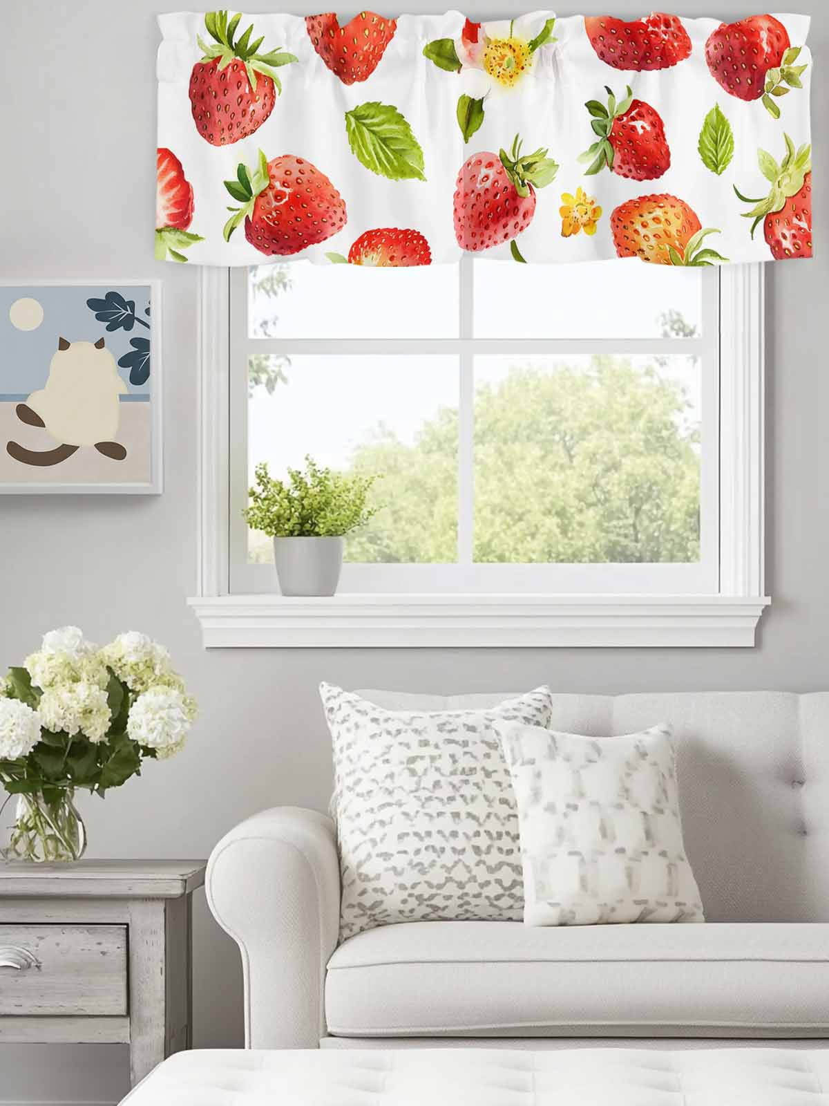 Curtain Valance for Windows,Red Strawberry Green Leaves Seamless ...