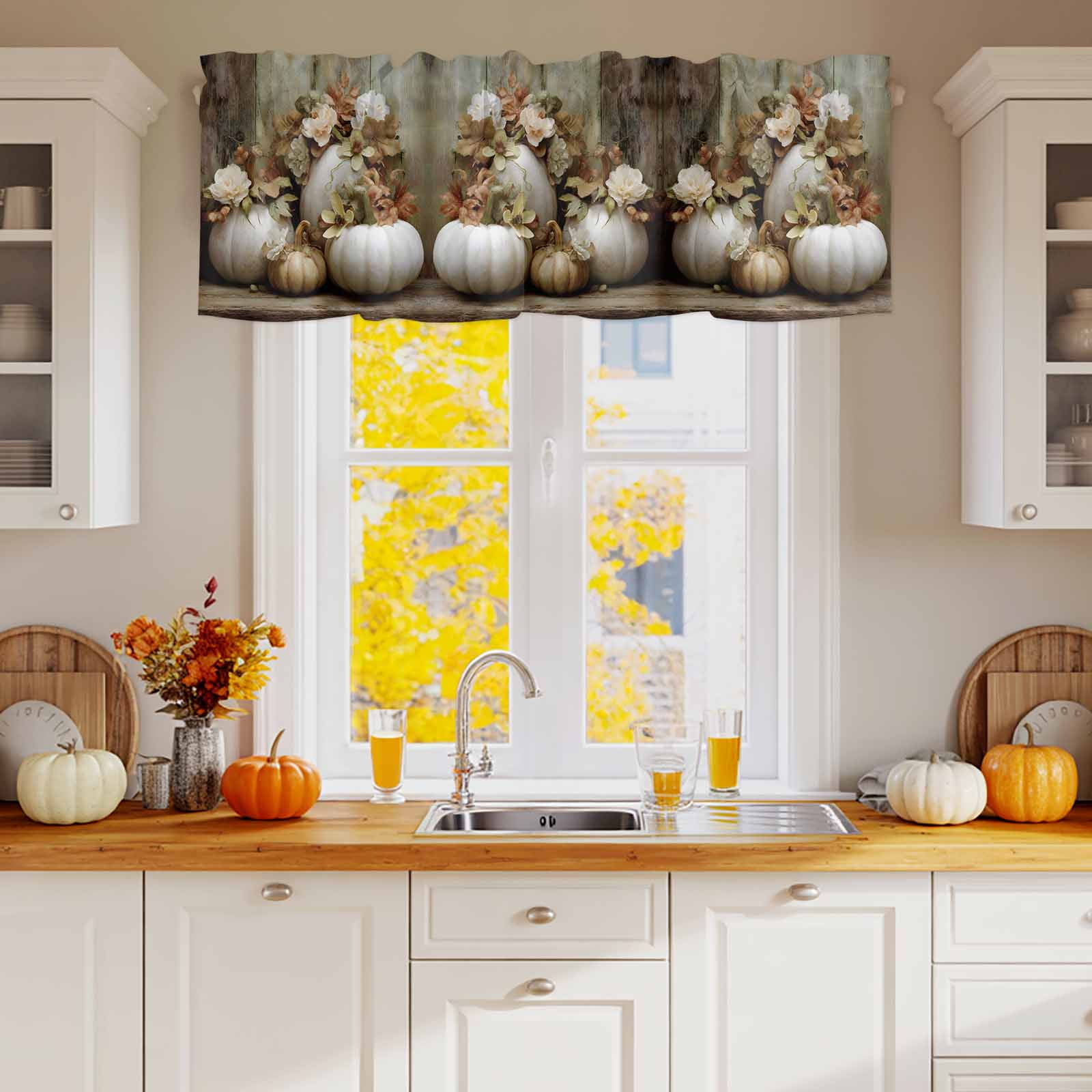 Curtain Valance for Windows,Retro Autumn Pumpkin Flower Kitchen ...