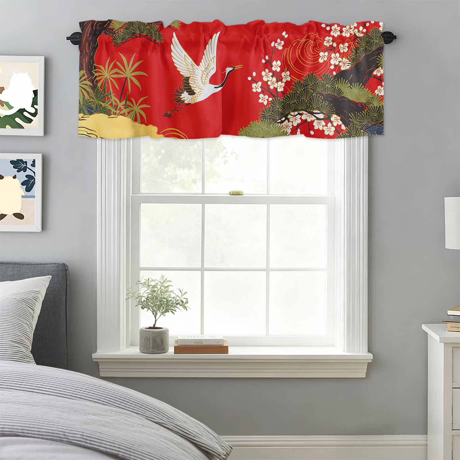 Curtain Valance for Windows, Retro Crane Pine Flower on Red Kitchen ...