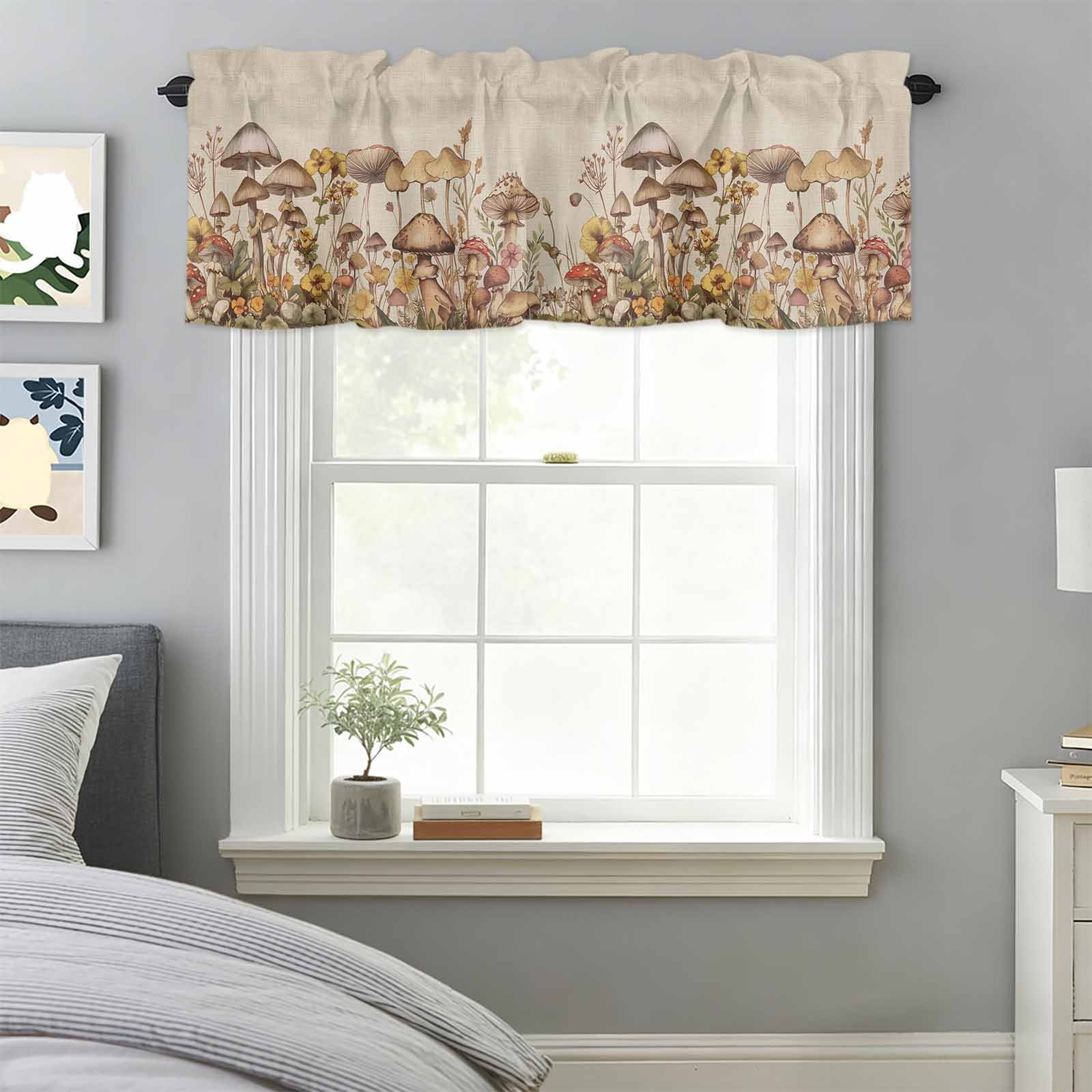 Curtain Valance for Windows, Retro Farm Mushroom Blossom Floral Kitchen ...