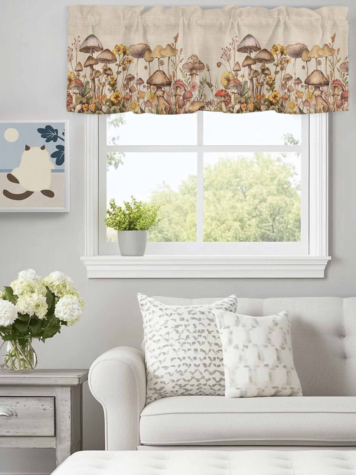 Curtain Valance for Windows, Retro Farm Mushroom Blossom Floral Kitchen ...