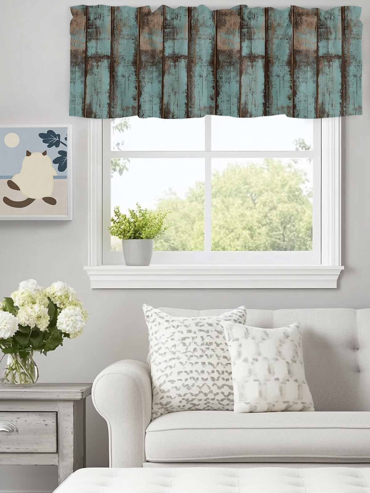 Curtain Valance for Windows, Retro Gradient Teal Wood Grain Kitchen ...