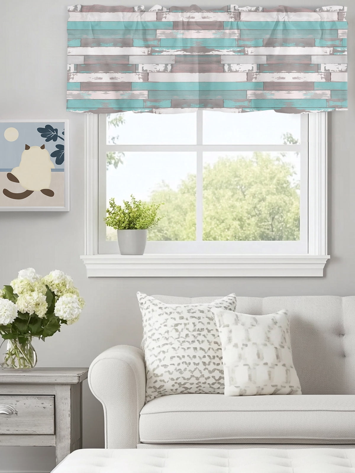 Curtain Valance for Windows, Retro Green White Wood Board Kitchen ...