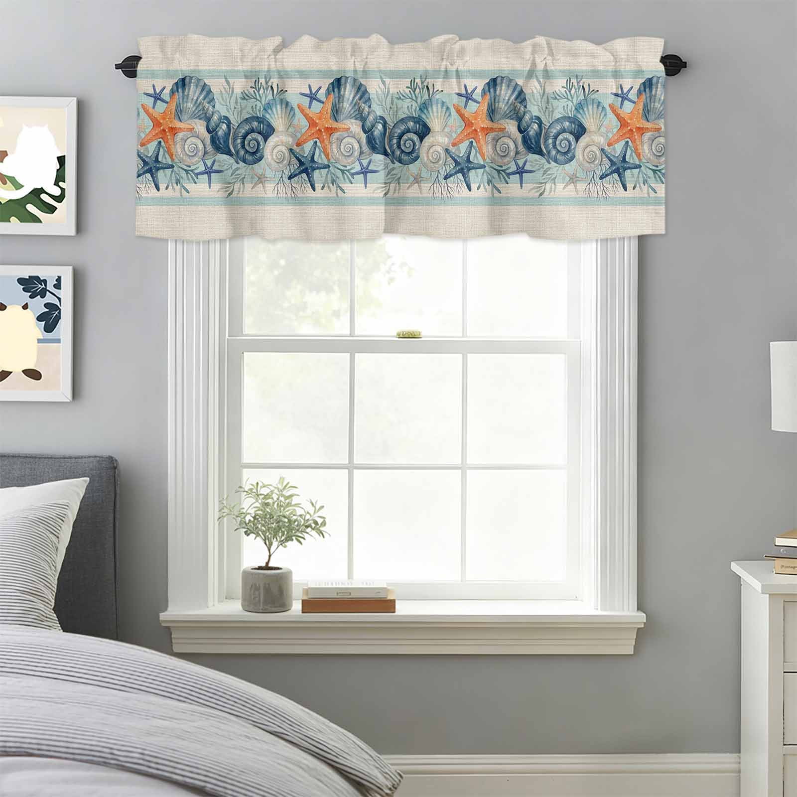 Curtain Valance for Windows, Retro Summer Sea Stars Shells Corals ...