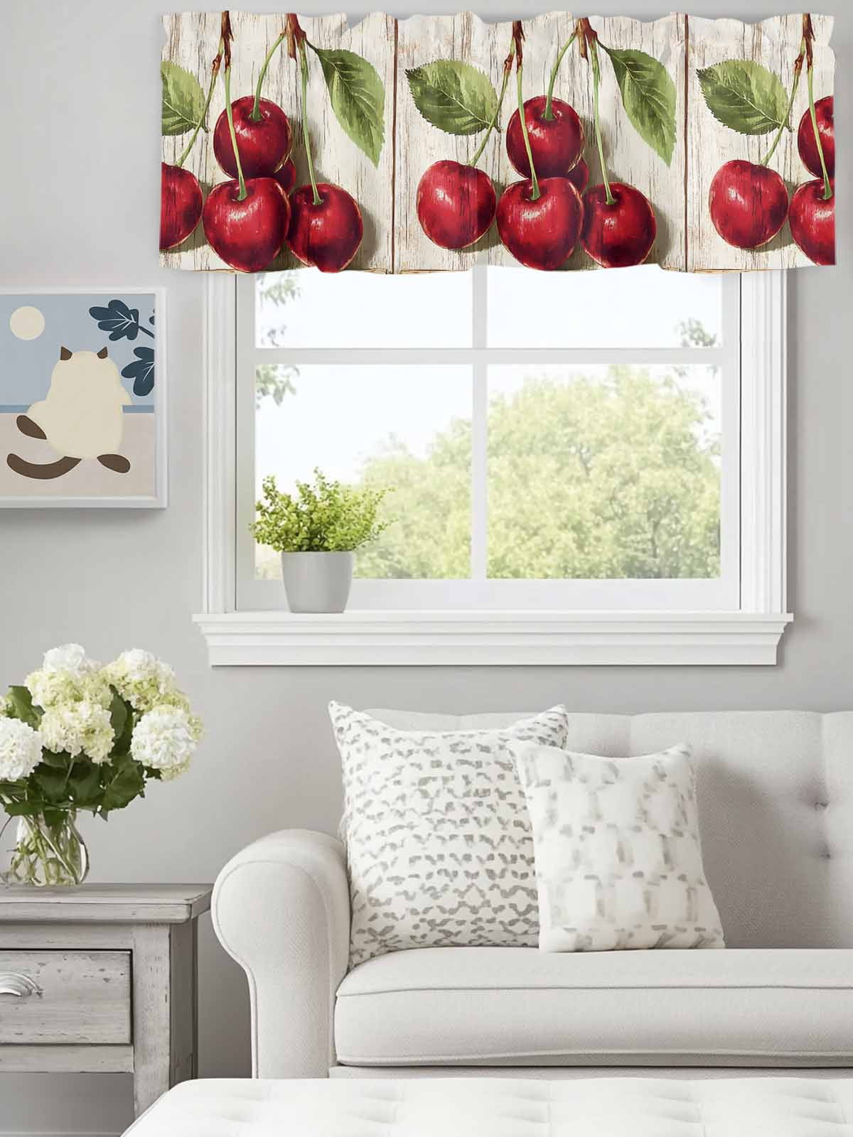 Curtain Valance for Windows, Retro Watercolor Cherry Green Leaves ...