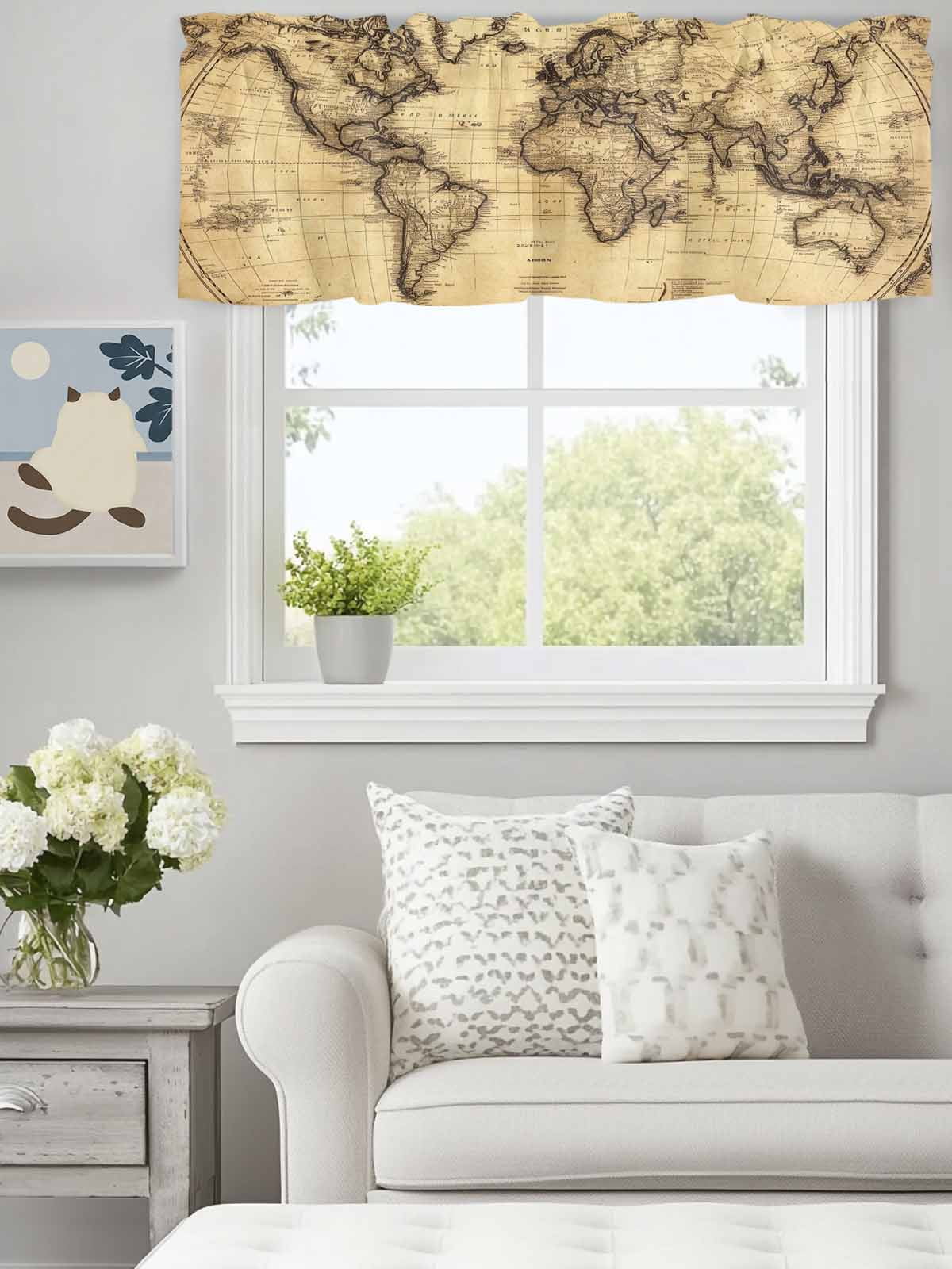 Curtain Valance for Windows, Retro Yellow World Map North America Asia ...