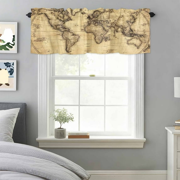 Curtain Valance for Windows, Retro Yellow World Map North America Asia ...