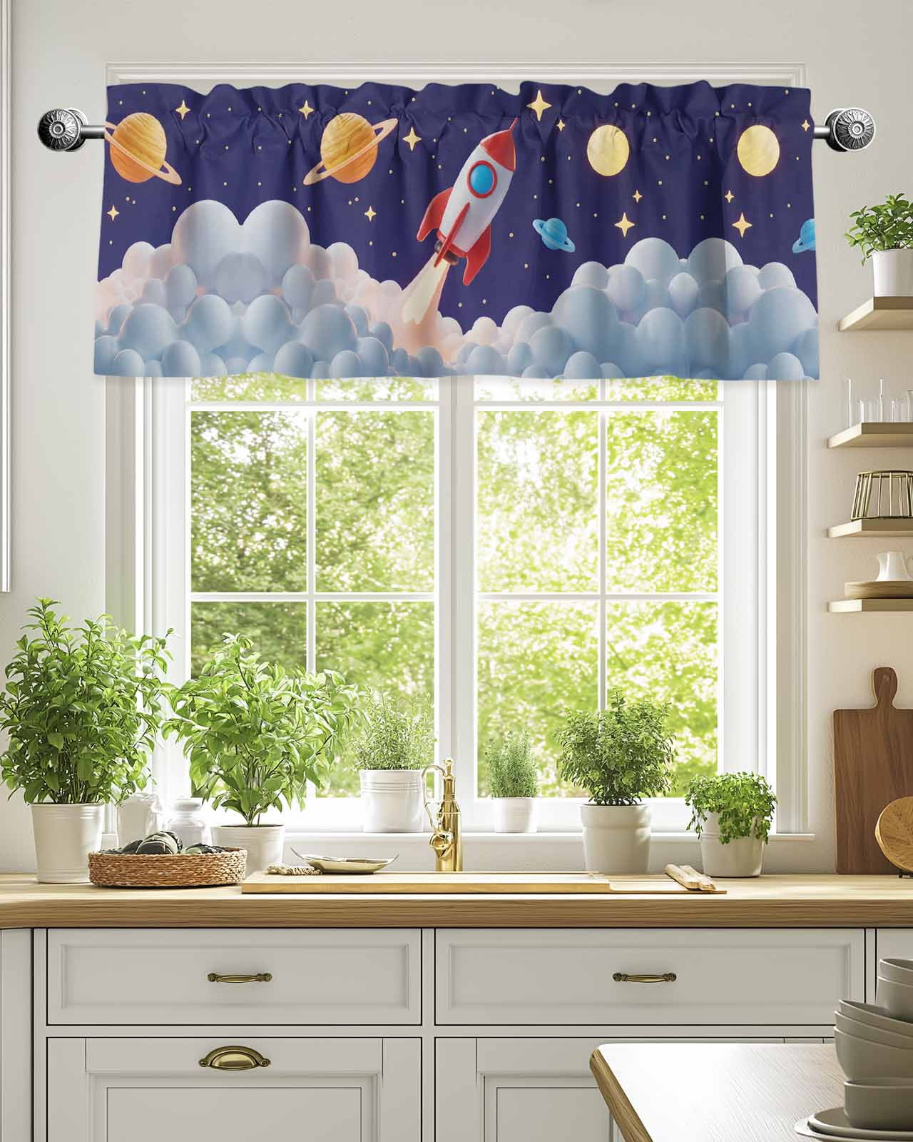 Curtain Valance for Windows,Rocket Space Universe Planet Kitchen ...