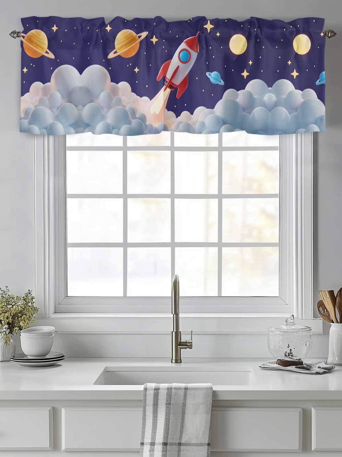 Curtain Valance for Windows,Rocket Space Universe Planet Kitchen ...