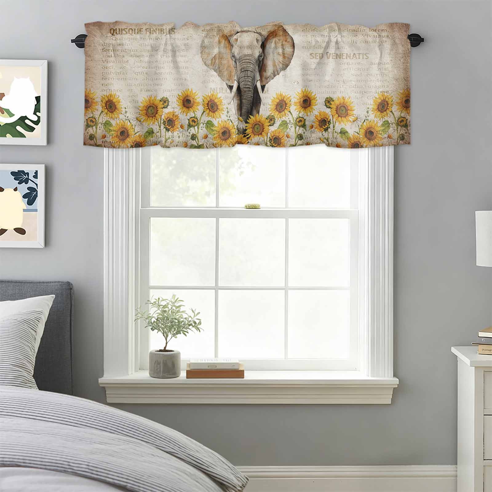 Curtain Valance for Windows, Rustic Elephant Daisy Sunflower Kitchen ...