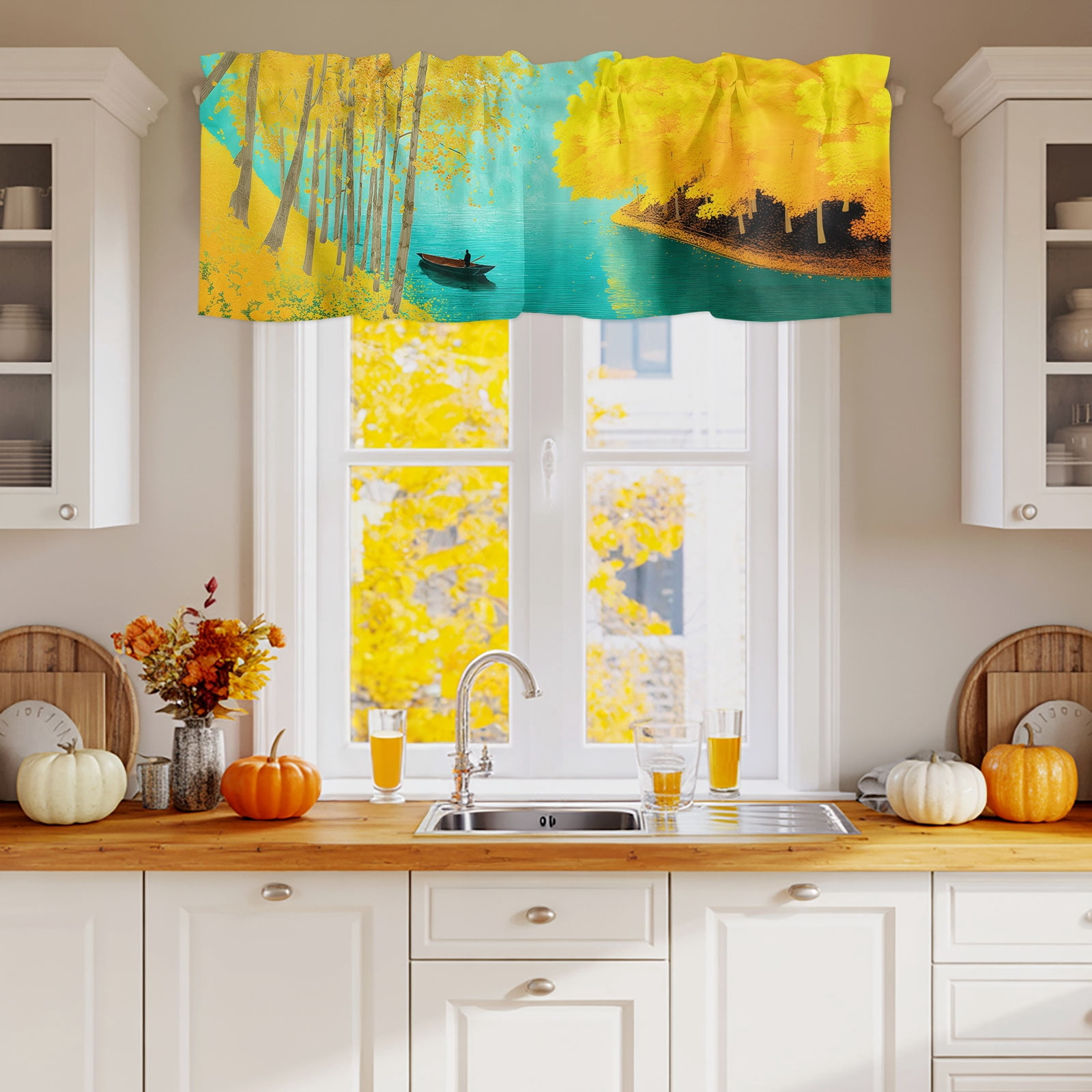 Curtain Valance for Windows, Rustic Rowing Boat Turquoise Lake Kitchen ...