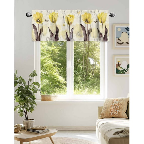 Curtain Valance for Windows,Rustic Watercolor Yellow Flower Kitchen ...