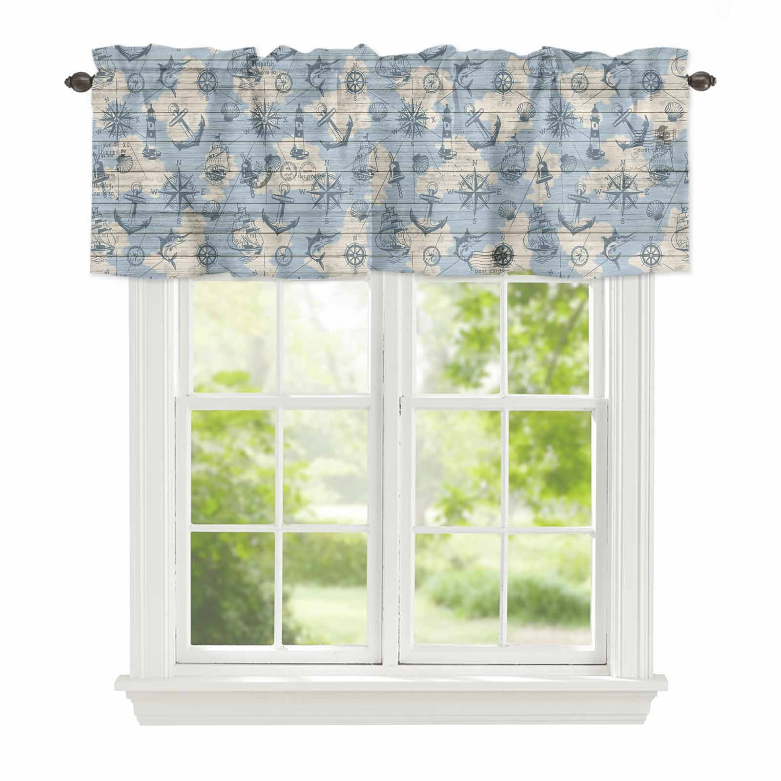 Curtain Valance for Windows, Sailing Compass Anchor Lighthouse Kitchen ...