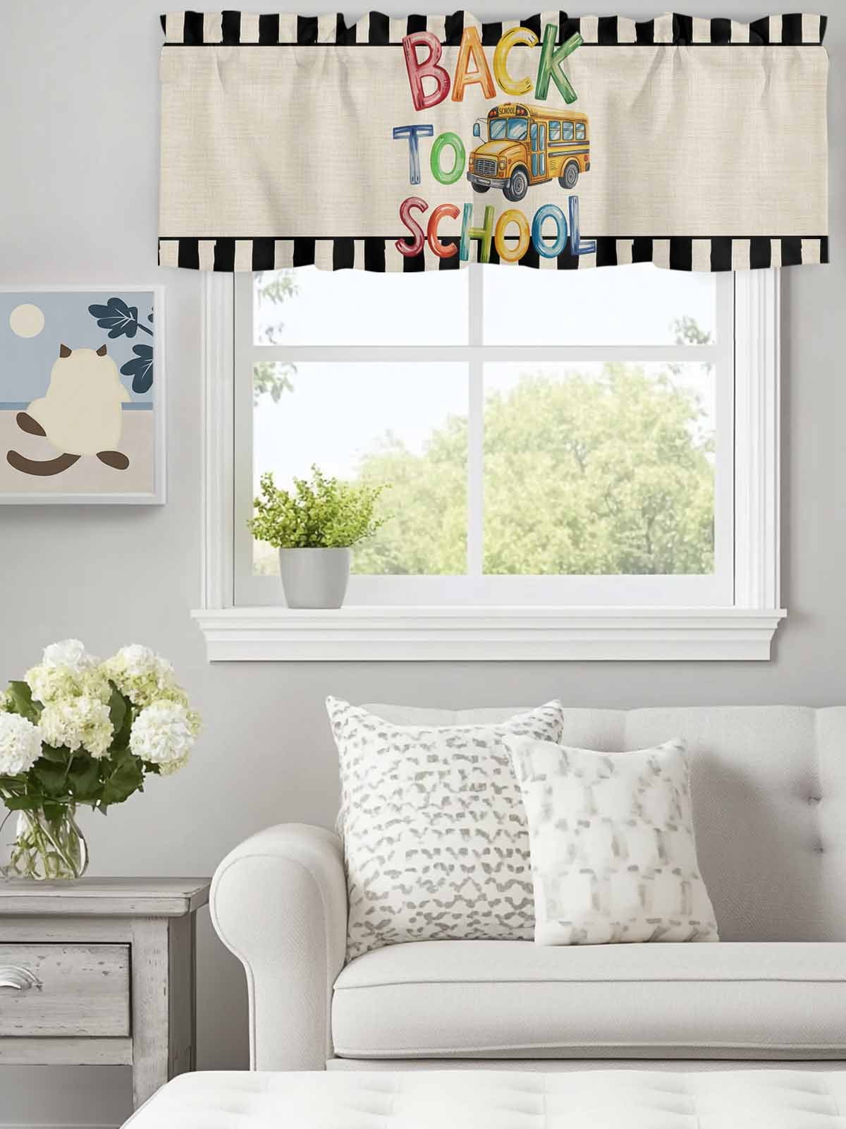Curtain Valance for Windows, School Bus Black Stripe Burlap Kitchen ...
