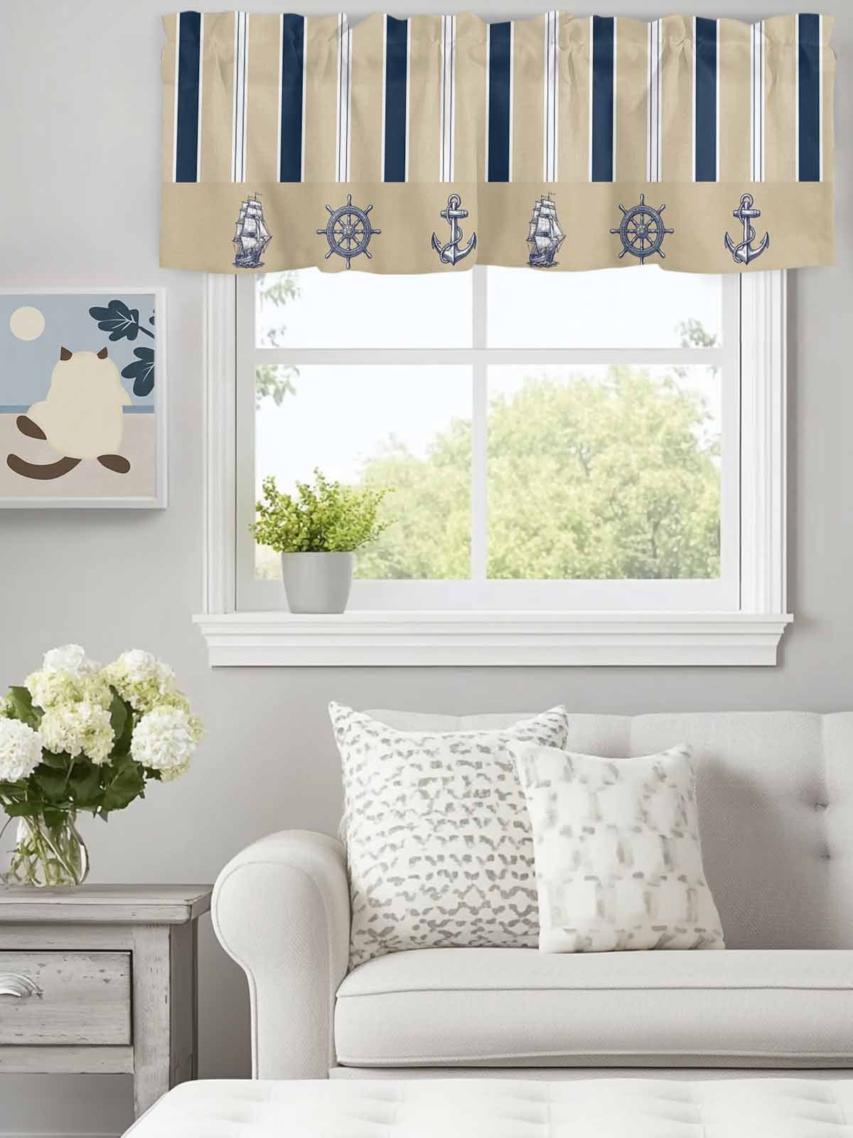 Curtain Valance for Windows, Sea Blue Stripes Kitchen Valances Rod ...