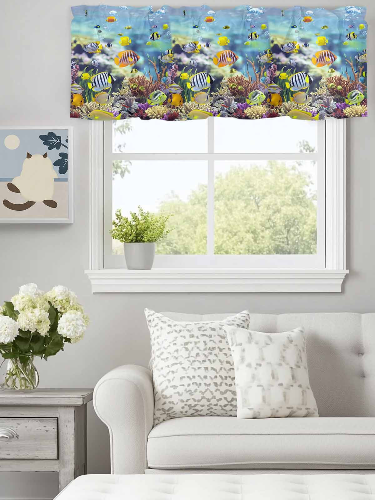 Curtain Valance for Windows,Sea Fish Coral Seaweed Kitchen Valances Rod ...