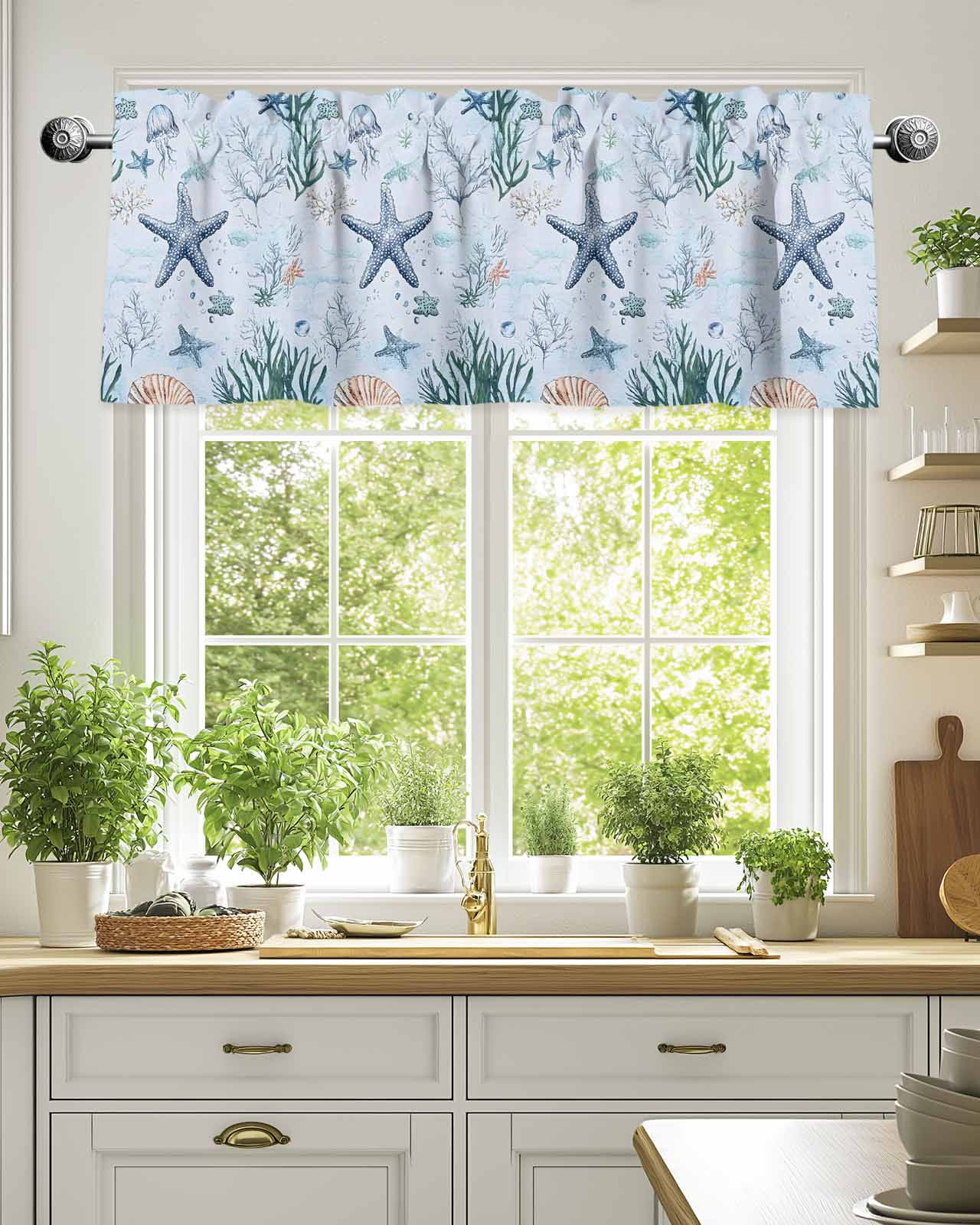 Curtain Valance for Windows,Sea Starfish Seaweed Coral Kitchen Valances ...