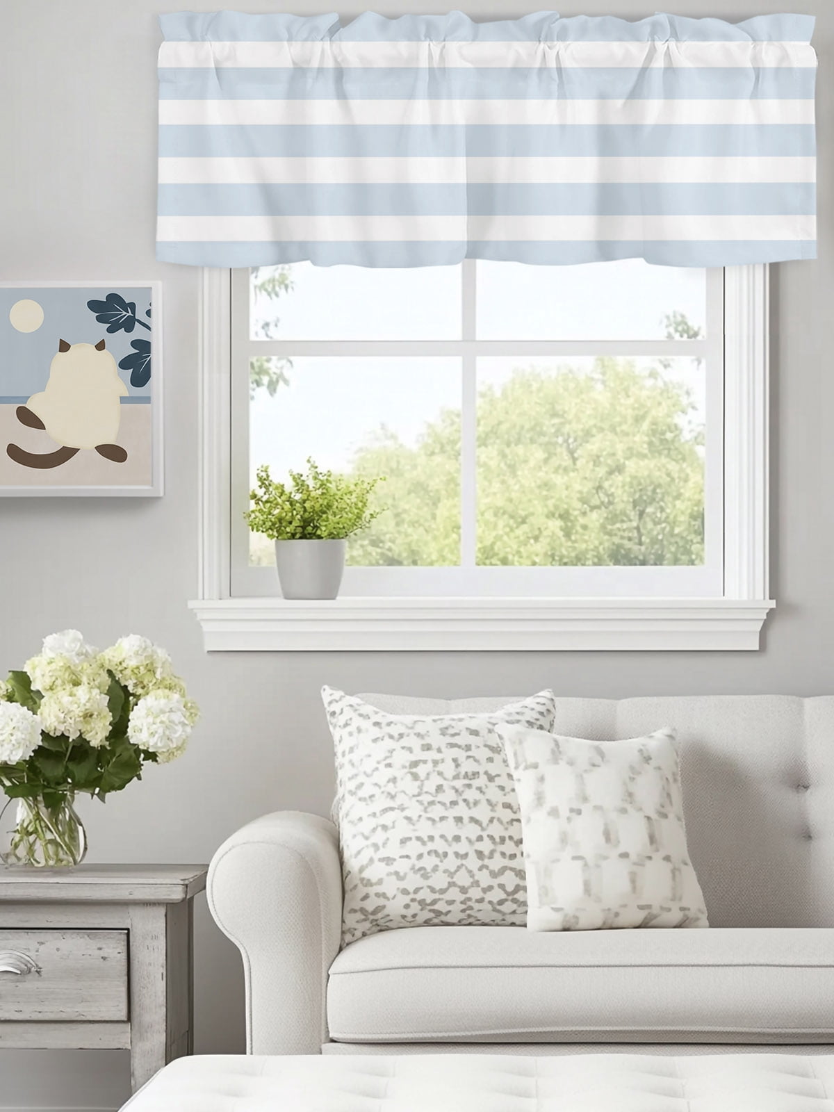 Curtain Valance for Windows, Sky Blue Stripes Coastal Kitchen Valances ...