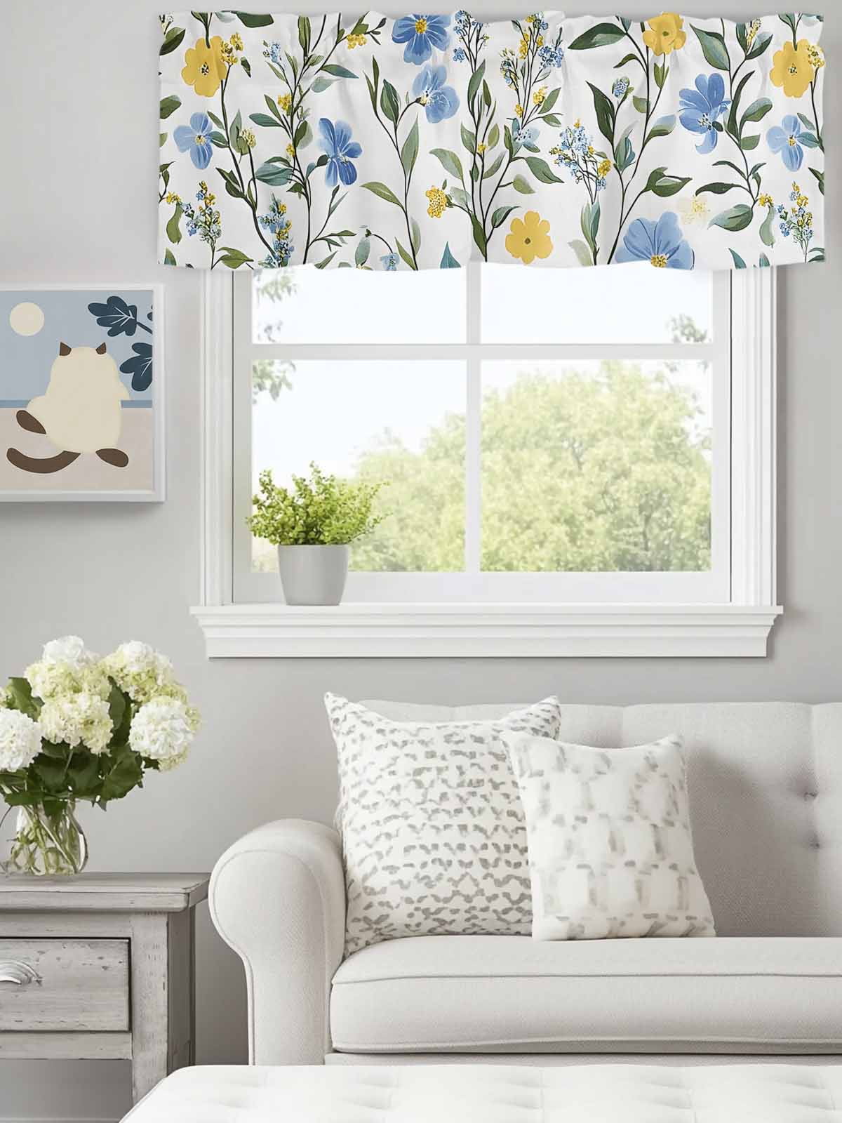 Curtain Valance for Windows, Spring Blue Yellow Flowers Leaves Kitchen ...