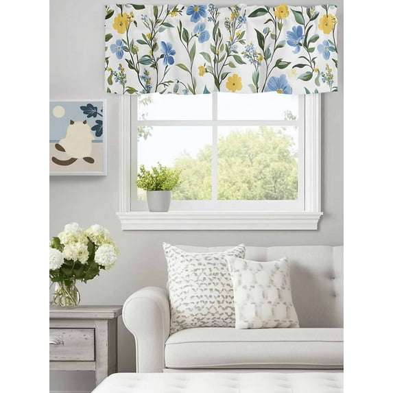 Curtain Valance for Windows, Spring Blue Yellow Flowers Leaves Kitchen ...