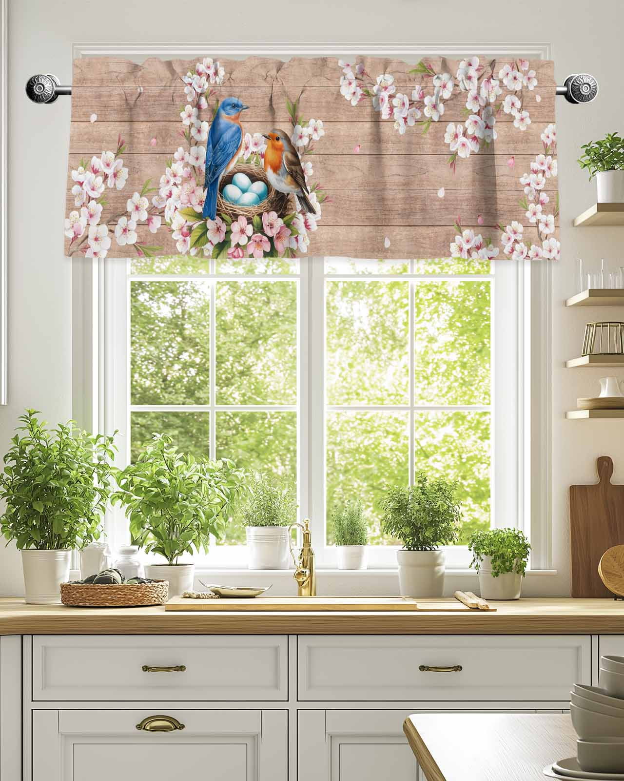 Curtain Valance for Windows,Spring Cherry Flower Bird Kitchen Valances ...