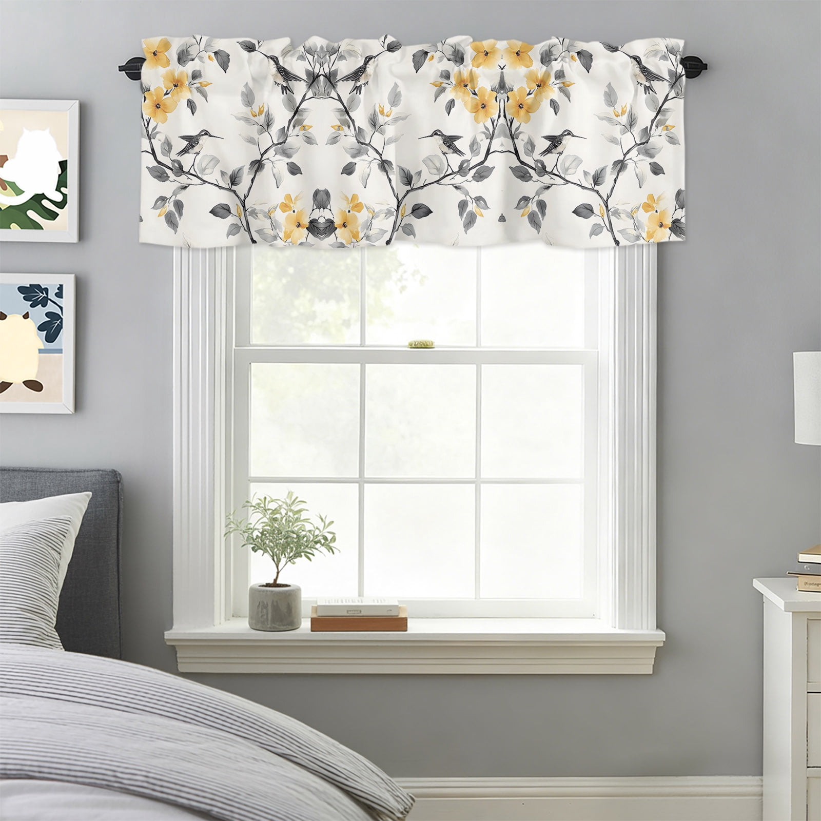 Curtain Valance for Windows, Spring Country Bird Yellow Flower Kitchen ...