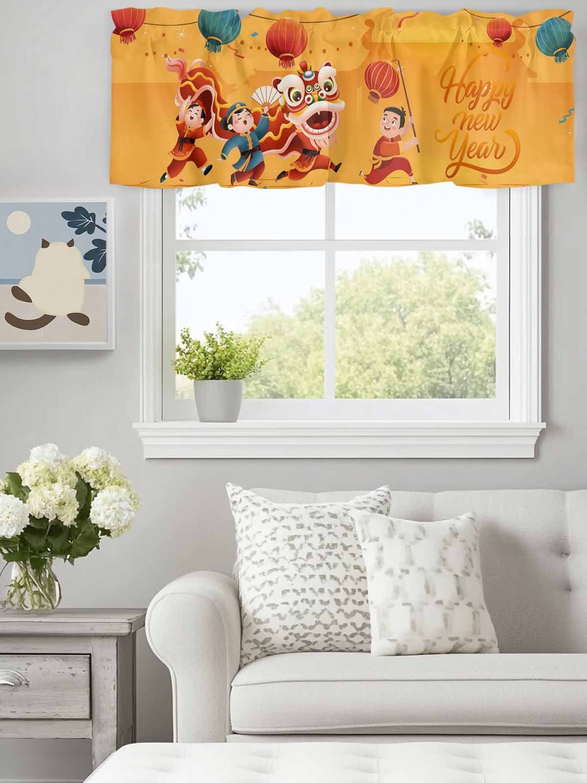 Curtain Valance for Windows, Spring Festival Dance Lions Kitchen ...