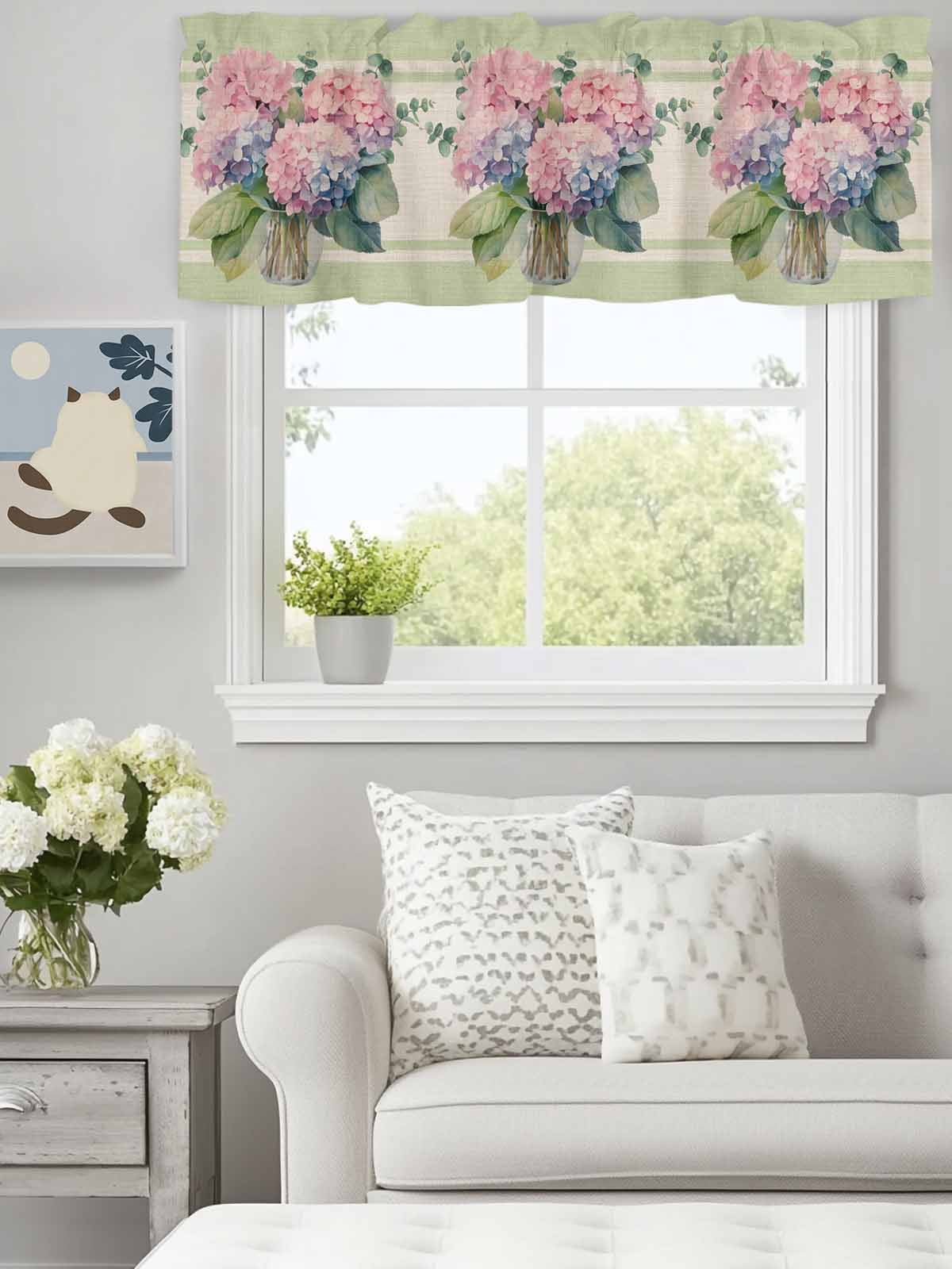 Curtain Valance for Windows, Spring Flower Hydrangea Green Leaf Kitchen ...