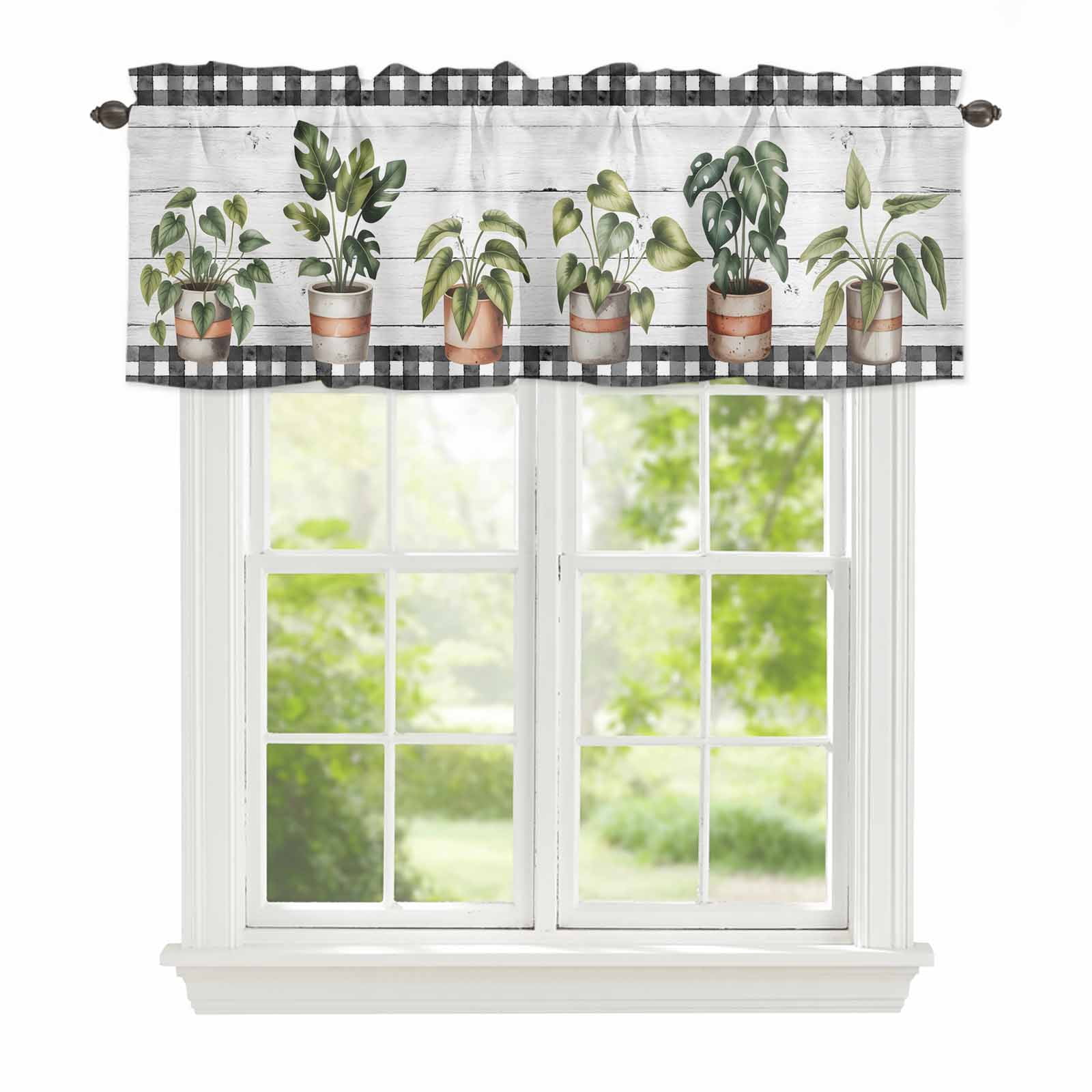 Curtain Valance for Windows, Spring Green Leaves Pots on Wood Grain ...