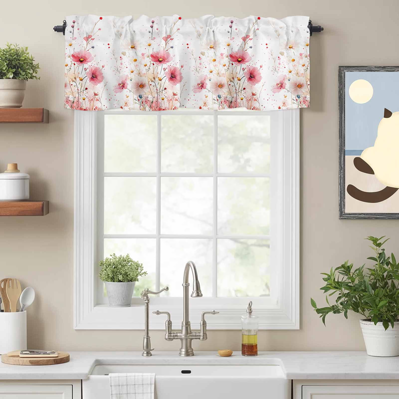 Curtain Valance for Windows, Spring Pink Floral Kitchen Valances Rod ...