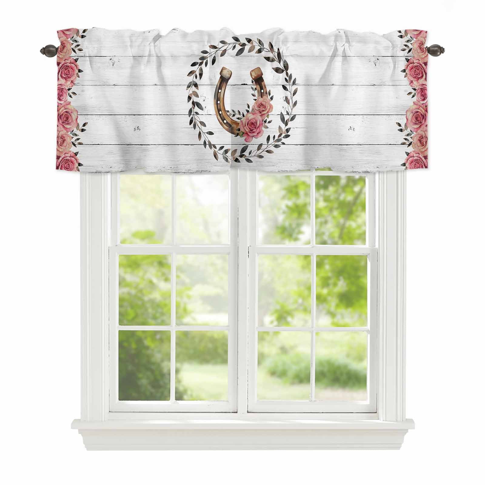 Curtain Valance for Windows, Spring Pink Rose Flower Leaf Kitchen ...