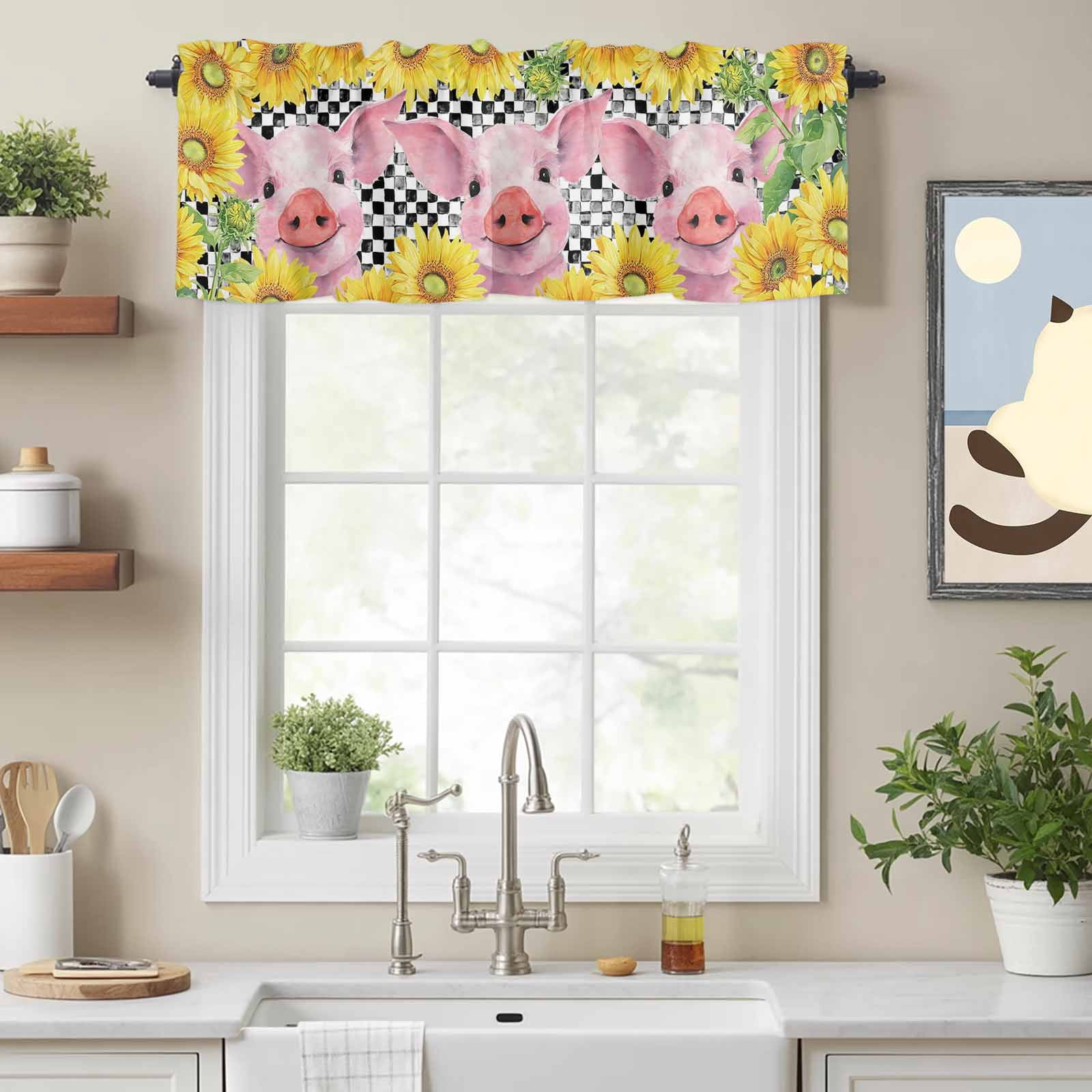 Curtain Valance for Windows, Spring Sunflower Pink Pig Kitchen Valances ...
